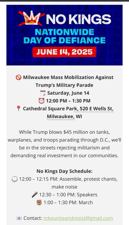 Wisconsin, June 14, 2025: ‘No Kings’ Protests (City Listings ...